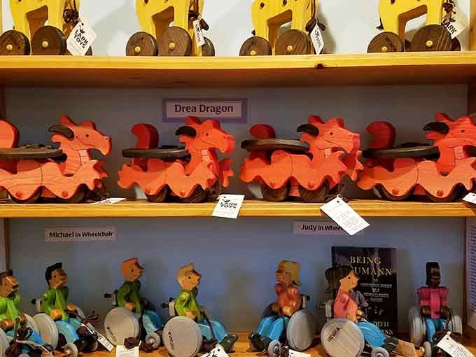 Those cheerful orange dragons lined up like the Rockettes prove handcrafted toys have personality mass-produced plastic never will.