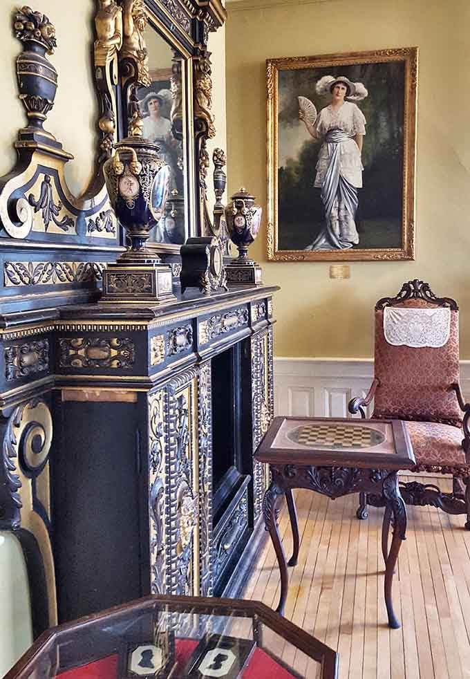 That ornate fireplace mantle is so elaborately carved, it makes you wonder if the craftsman ever slept.