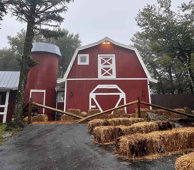 Dorothy's Kansas farmhouse looks exactly like you'd expect, right down to the hay bales and that perfectly moody mountain fog rolling in.