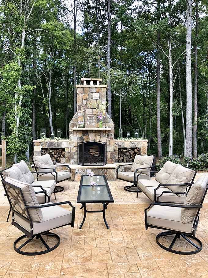 This outdoor fireplace creates the perfect spot for lingering conversations under Carolina skies.