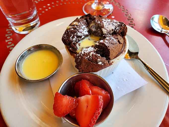 Chocolate soufflé with fresh strawberries and cream, because sometimes dessert for brunch is the only logical choice available.