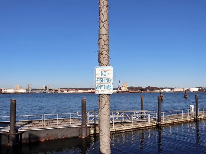 Even the "No Fishing" signs can't diminish the charm of these floating docks reaching out into crystalline blue waters.