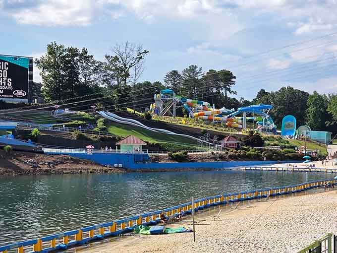 Water slides cascading down a Georgia hillside toward the lake. Nature provided the canvas, and someone painted it brilliantly.
