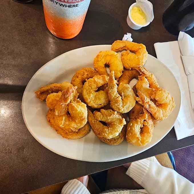 A generous pile of fried jumbo shrimp that makes you forget every other plan you had for the afternoon.