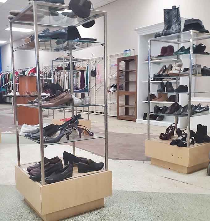 Glass display towers showing off shoes of every style, because your feet deserve options without the department store markup.