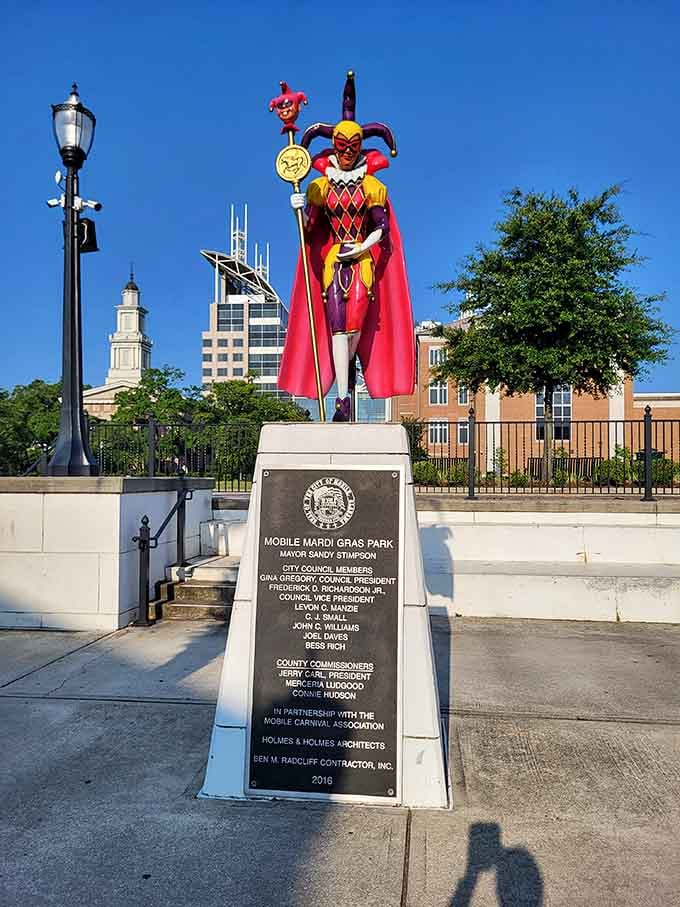 This colorful jester at Mardi Gras Park has been standing guard over America's oldest Mardi Gras celebration. Respect.