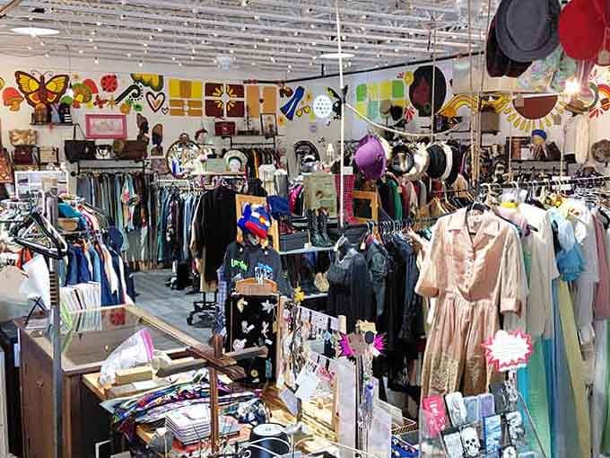 Racks of vintage clothing stretching as far as the eye can see, and yes, that hat is absolutely calling your name.