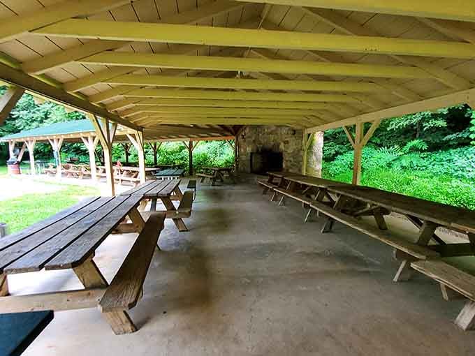 Covered pavilions with fireplaces provide perfect spots for family gatherings with a geological backdrop nobody will forget soon.