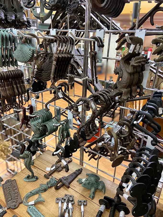 A wall of cast iron dragon and seahorse hooks so dramatic, your entryway will never look boring again.