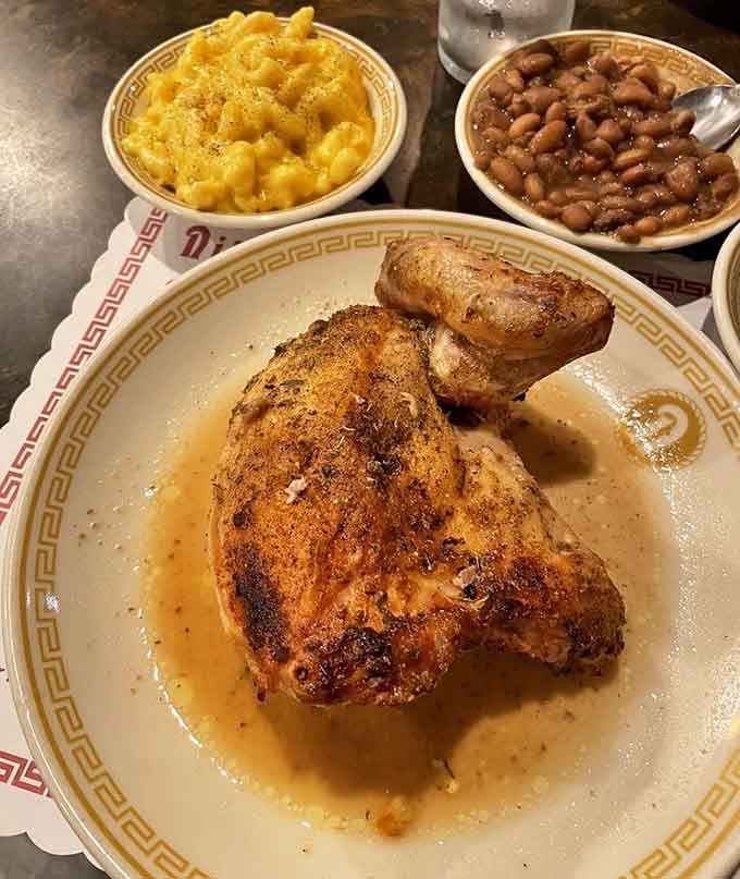 Greek baked chicken with mac and cheese and pinto beans. Two great traditions sharing one very happy plate.