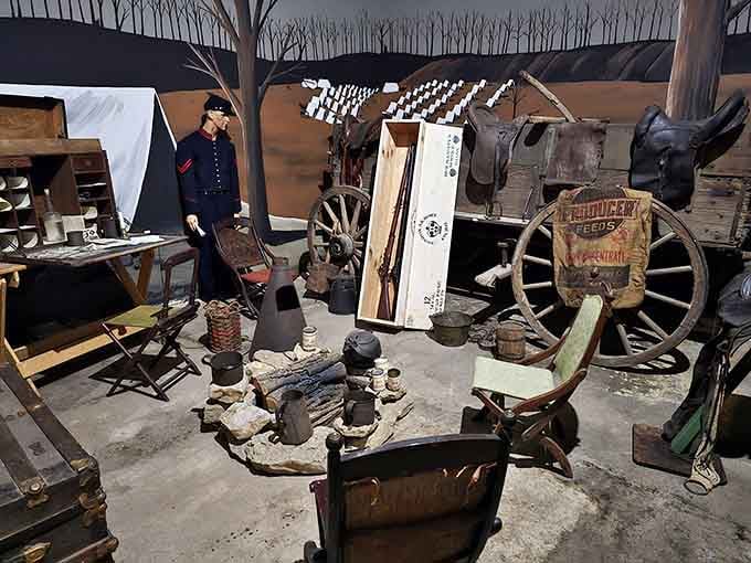 Civil War camp life reconstructed in vivid detail. Every object here belonged to a real human being.
