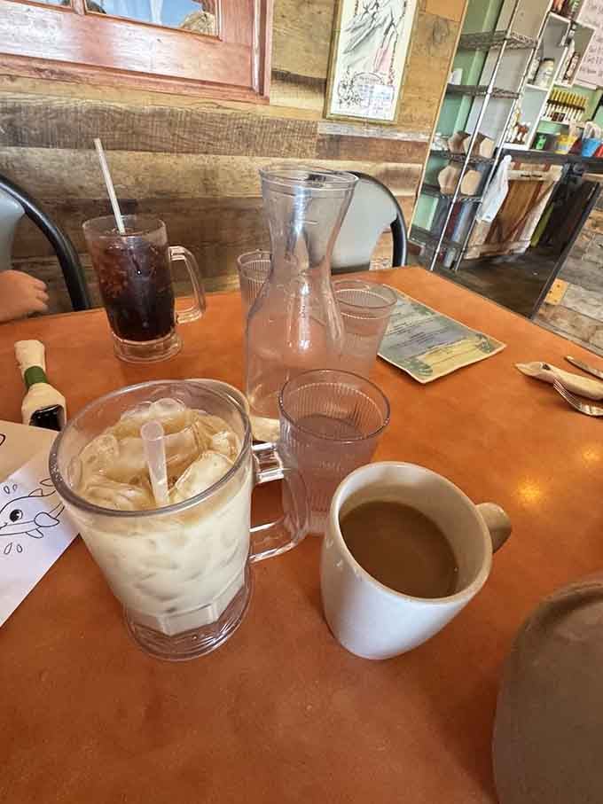 Coffee and cream in proper glassware, because even your beverages deserve a little dignity at the breakfast table.