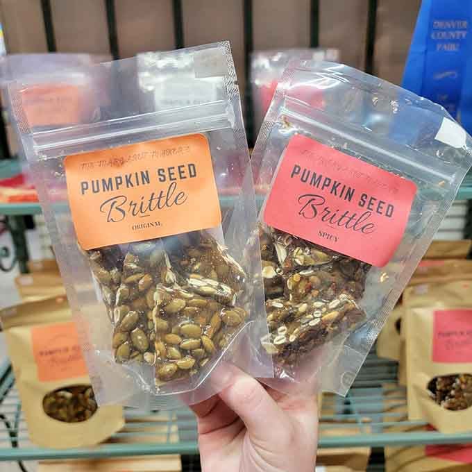 Pumpkin seed brittle in original and spicy. Colorado-made, snack-sized proof that local makers are doing something very right.