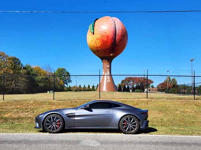 Even James Bond would appreciate this photo op, sleek British engineering meets Southern agricultural pride in perfect harmony.