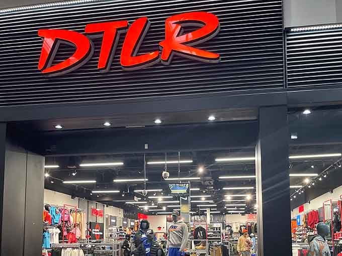 DTLR's bold red lettering screams sneakerhead paradise louder than your teenager asking for new kicks.