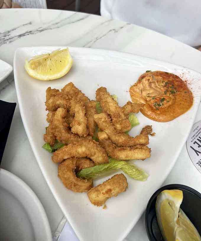 Golden, crispy calamari with a dipping sauce that deserves its own fan club.