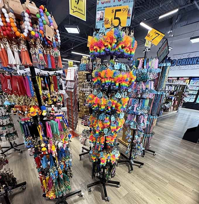 Colorful keychains dangle like tiny works of art, transforming mundane key-holding into a statement of personality and whimsy.
