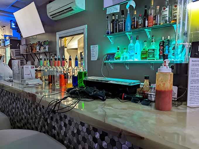 A full bar with mood lighting that transforms burger night into an actual grown-up experience with benefits.