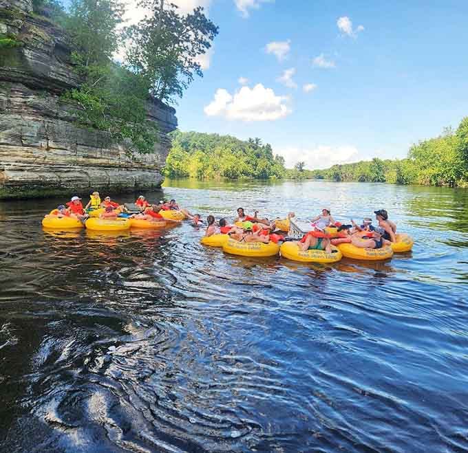 A whole convoy of happy people floating past limestone bluffs. Wisconsin's version of rush hour looks pretty good.