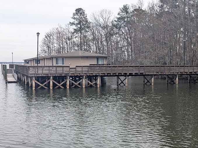 Your entire cabin sits on this pier, making you wonder why anyone builds houses on boring old land anymore.