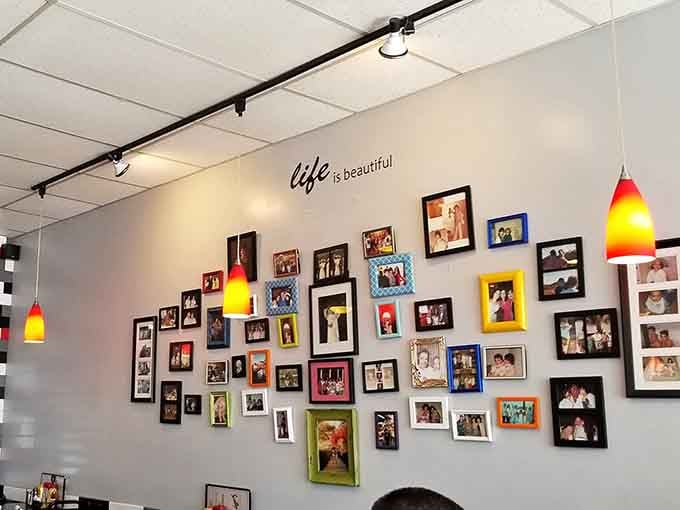 Life is Beautiful says the wall, and honestly, surrounded by all those family photos, it's hard to argue otherwise.