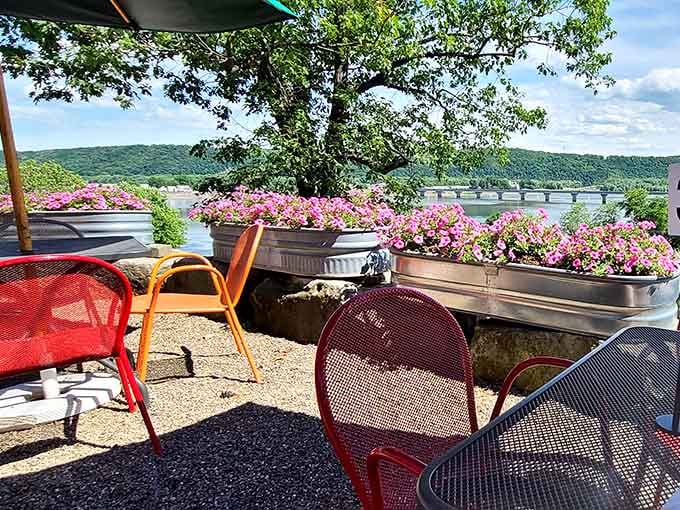 Colorful chairs, blooming flowers, and the Susquehanna stretching out beyond, outdoor dining doesn't get more charming.
