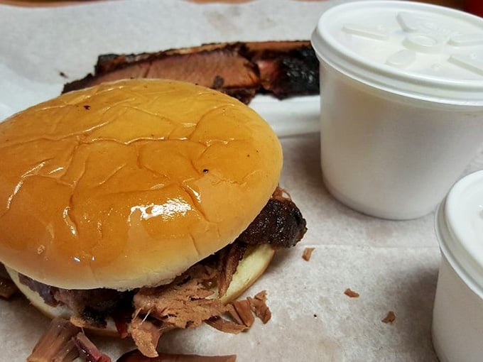 A chopped beef sandwich so generously loaded it requires both hands, full attention, and zero apologies.