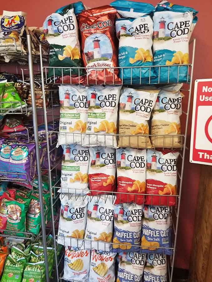 Cape Cod kettle chips stacked floor to ceiling, because a great soup deserves an equally great crunchy sidekick. New England solidarity at its finest.
