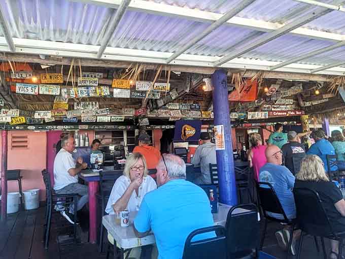 License plates from every corner of the country line the ceiling, proof that word travels fast when the food is this good.