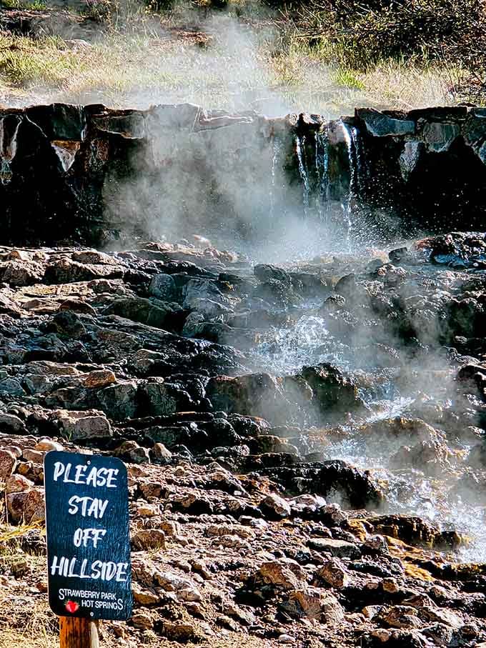 Steam rising off the rocks where the hot water spills out naturally, a reminder that the earth has been doing this long before spas were invented.