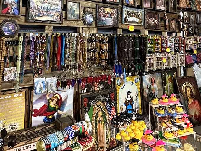 Rosaries, devotional art, and colorful figurines packed floor to ceiling, this vendor booth is a genuine feast for the soul.