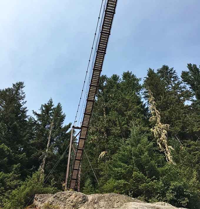 Looking up from beneath reveals the engineering marvel that lets you walk on air above rushing water.