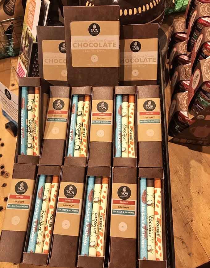 Toffee, coconut, and sea salt almond chocolate sticks, neatly boxed and practically begging to go home with you.