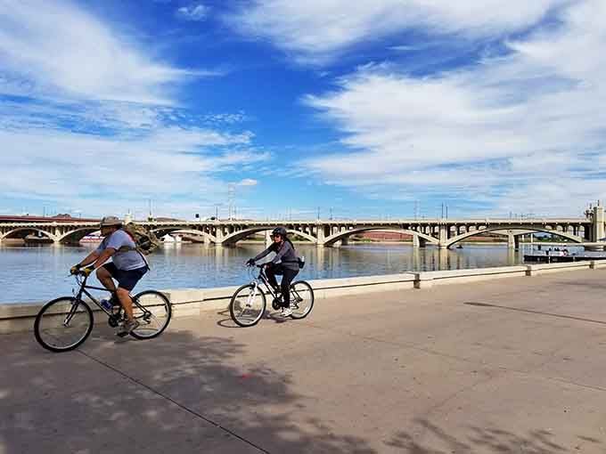 Two cyclists, one gorgeous bridge, zero reasons to stay home on a day this beautiful.