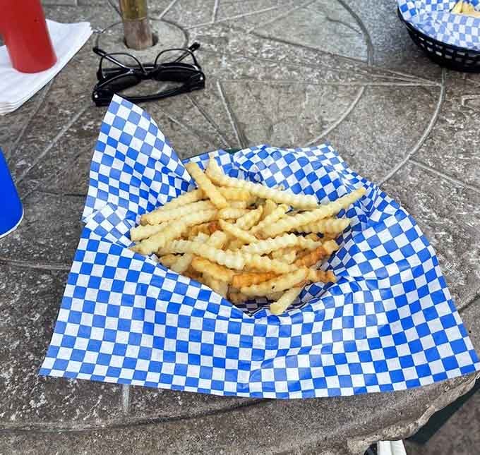 Crinkle fries done right, golden and crisp, the kind of side dish that quietly steals the whole show.