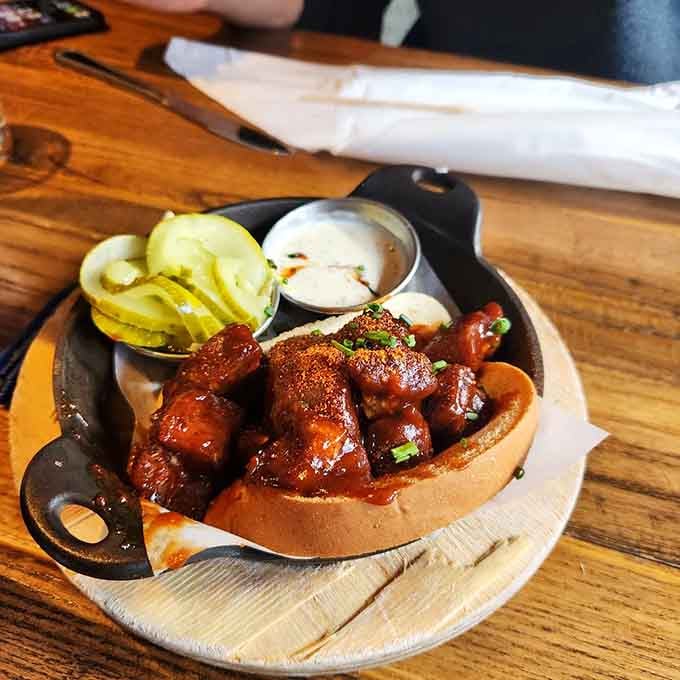 Burnt ends swimming in sauce, served in a skillet—this is comfort food that doesn't apologize for anything.