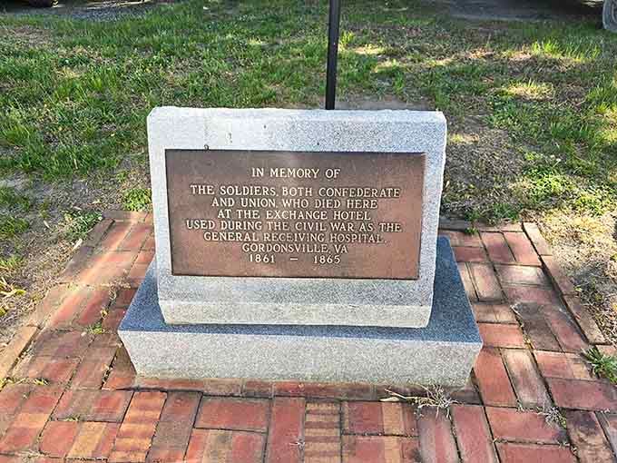 A granite memorial honoring both Confederate and Union soldiers who died here. Common ground, at last.