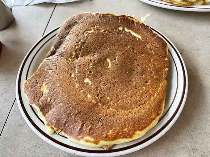 Two pancakes so perfectly golden, they could make a grown adult forget every problem they walked in with.