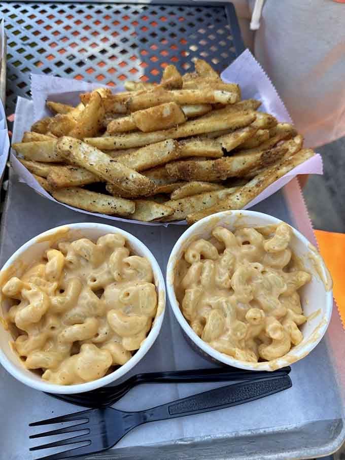 Seasoned fries and creamy mac and cheese make the perfect supporting cast for any sandwich you choose here.