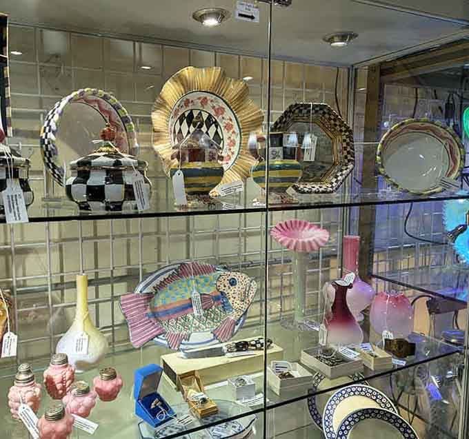 Boldly patterned plates and art glass pieces glowing behind glass, your grandmother's taste was actually ahead of its time.