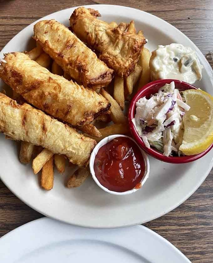 Fish and chips done the right way, with crispy golden batter and tender fish that makes you understand the hype.
