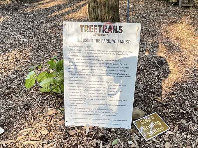 The rules board at TreeTrails Adventures is thorough, because safety and fun are not mutually exclusive.