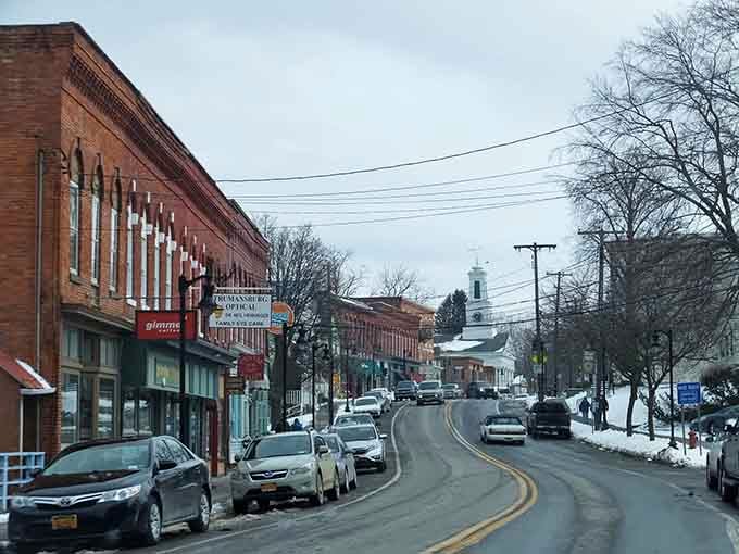 Snow dusting the rooftops, the church steeple rising through the grey sky, Trumansburg in winter is quietly, stubbornly beautiful.