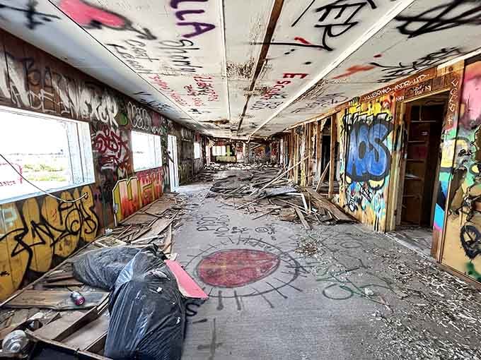Inside, every surface tells a story through layers of spray paint and artistic expression.