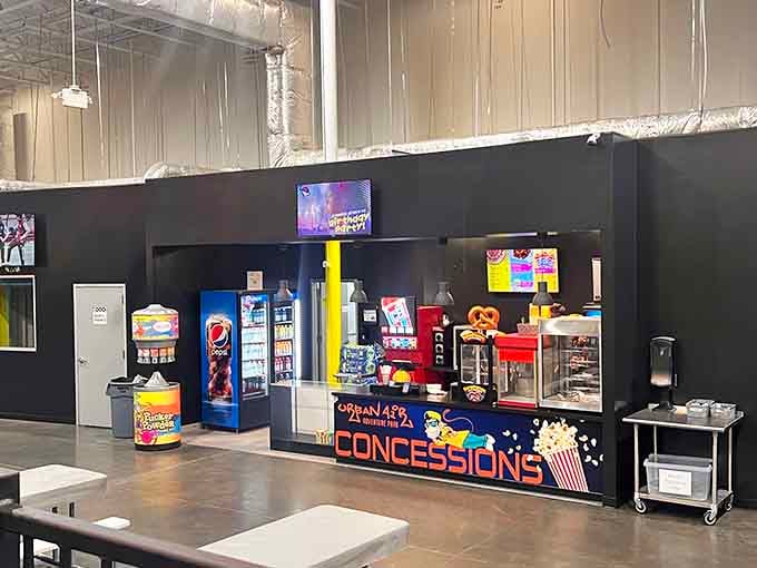 The concession stand offers fuel for your adventures, because bouncing burns calories faster than you'd think possible.
