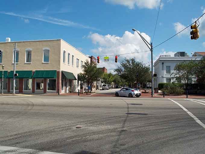 A sunny downtown intersection where the traffic light is the most exciting thing happening, and honestly, that's the whole point.