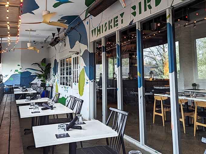 The covered patio seating at Whiskey Bird proves that eating outdoors with good murals overhead is always the right call.