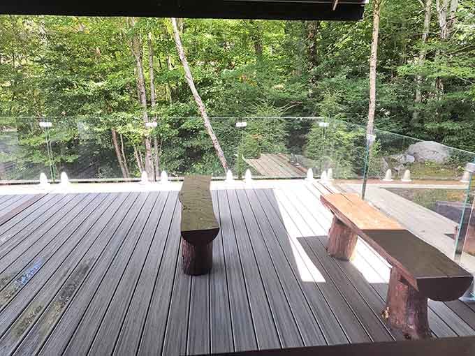 Outdoor seating with mountain views, perfect for recovering your composure after screaming down the mountain.