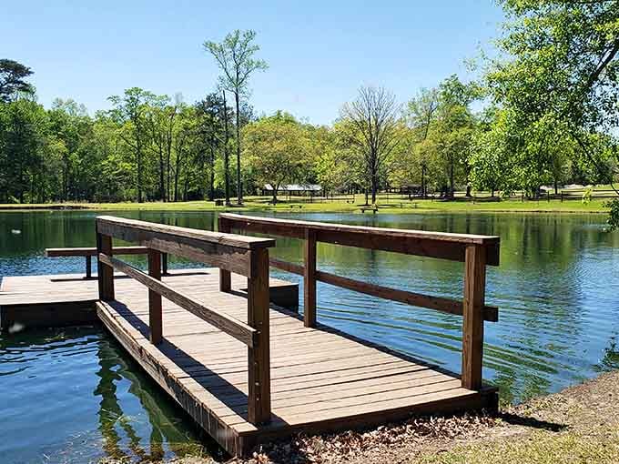 Blue Springs' sturdy wooden dock sits over a mirror-calm pond, surrounded by lush green trees that practically beg you to slow down.