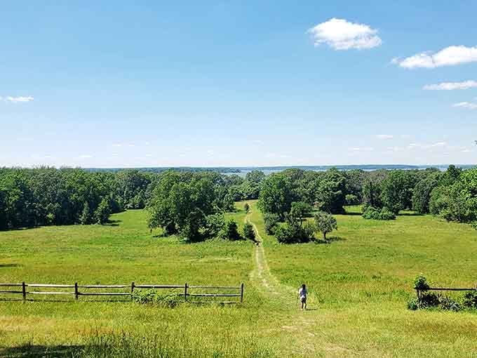 A lone hiker crosses a sweeping green meadow at Chapman State Park, with the distant Potomac River glittering on the horizon.